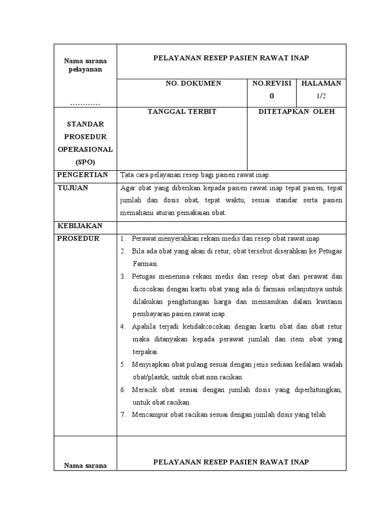 Standar Prosedur Pelayanan Resep Pasien Rawat Inap Pdf