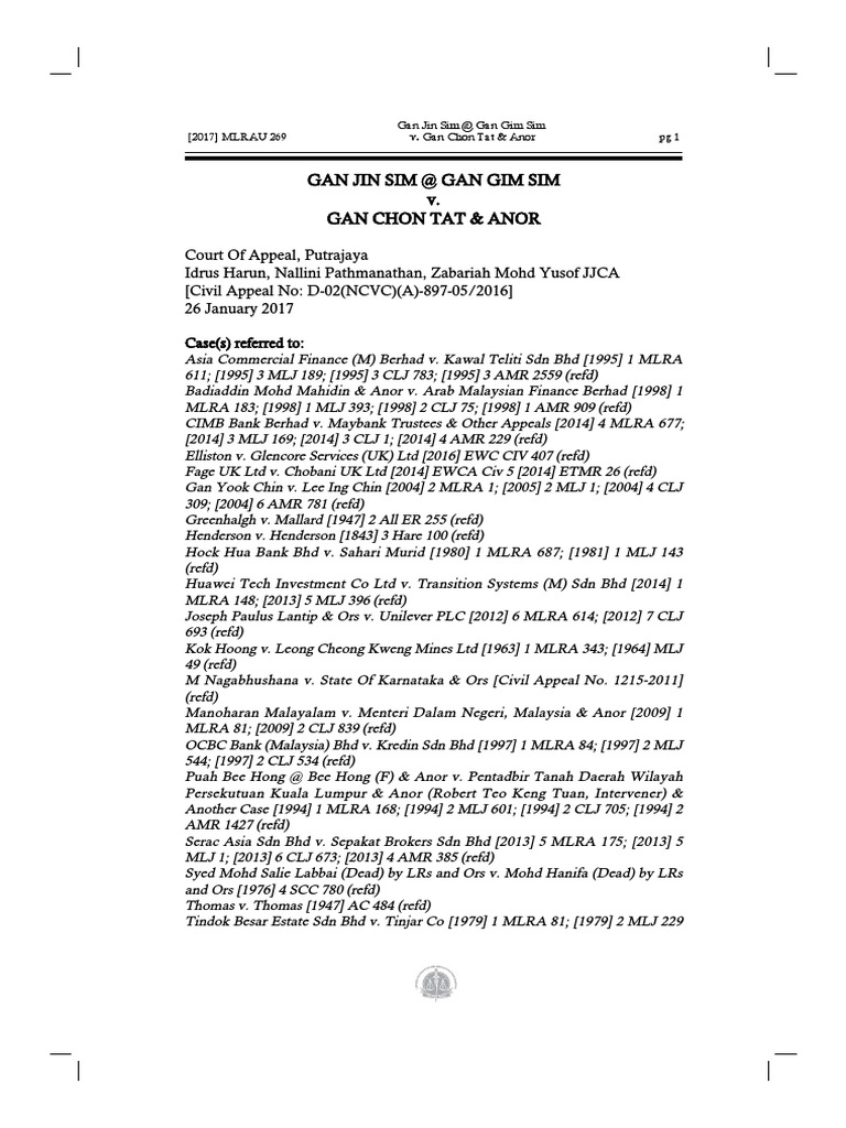 Gan Jin Sim at Gan Gim Sim v. Gan Chon Tat & Anor | Download Free PDF ...
