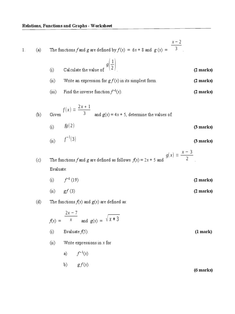 Relations Functions And Graphs Worksheet Pdf Function