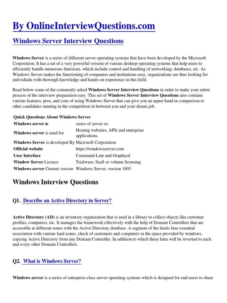 Windows Server Interview Questions | PDF | Active Directory | Domain ...