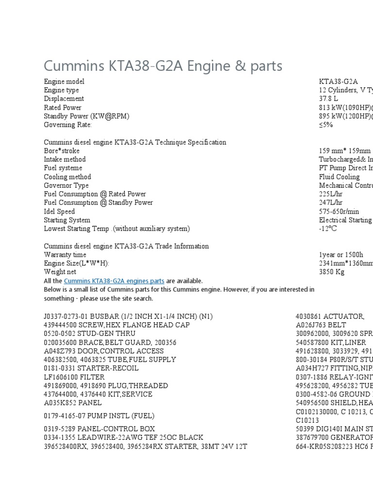 Cummins KTA38-G2A Diesel Engine Specifications and Parts List | PDF ...