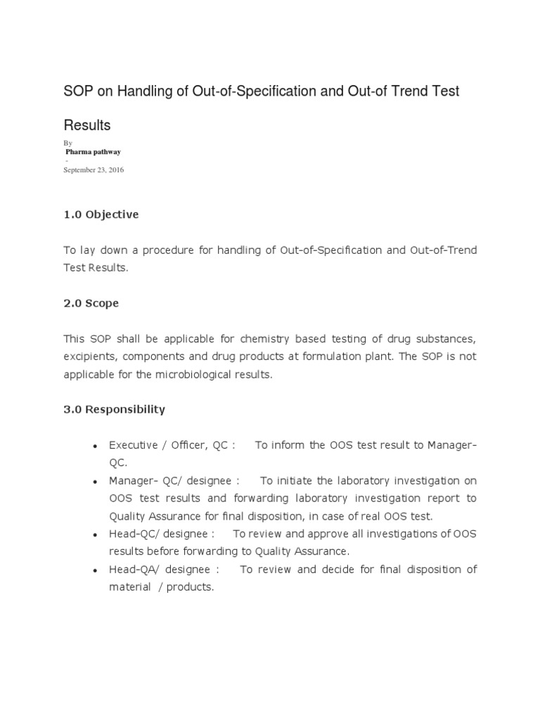 SOP On Handling of OOT and OOS-imp | PDF | Assay | Laboratories