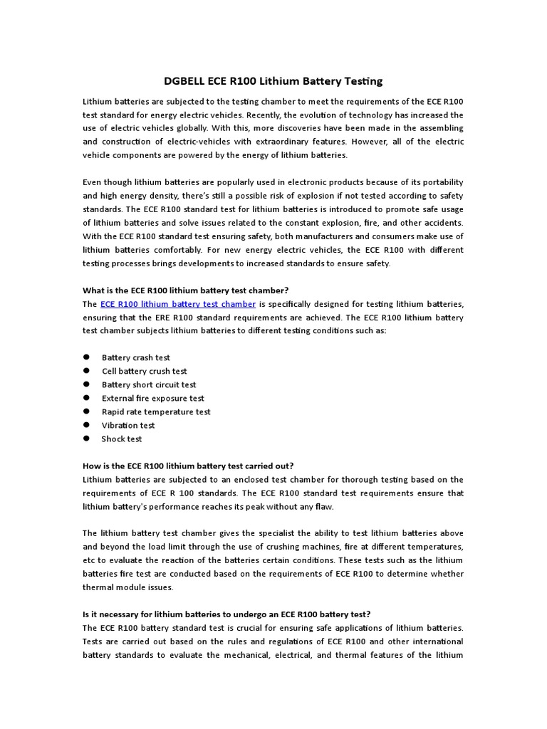 ECE R100 Lithium Battery Testing | PDF | Lithium Ion Battery ...