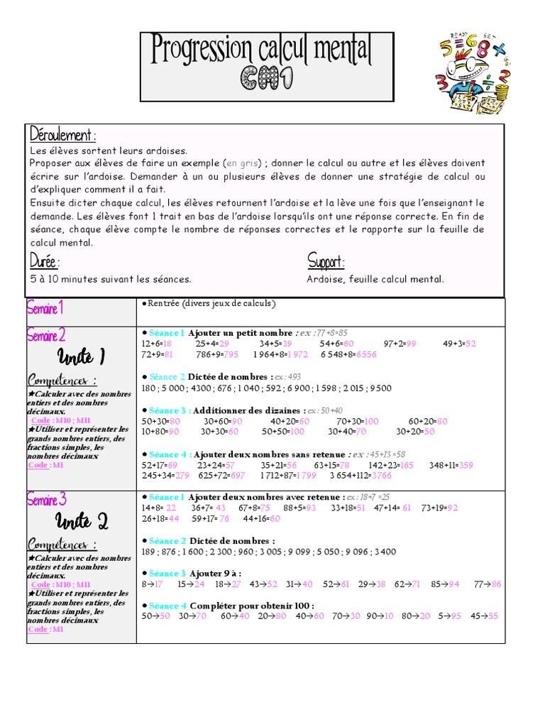 Calcul Mental CM1 Progression Fiche Enseignant | PDF