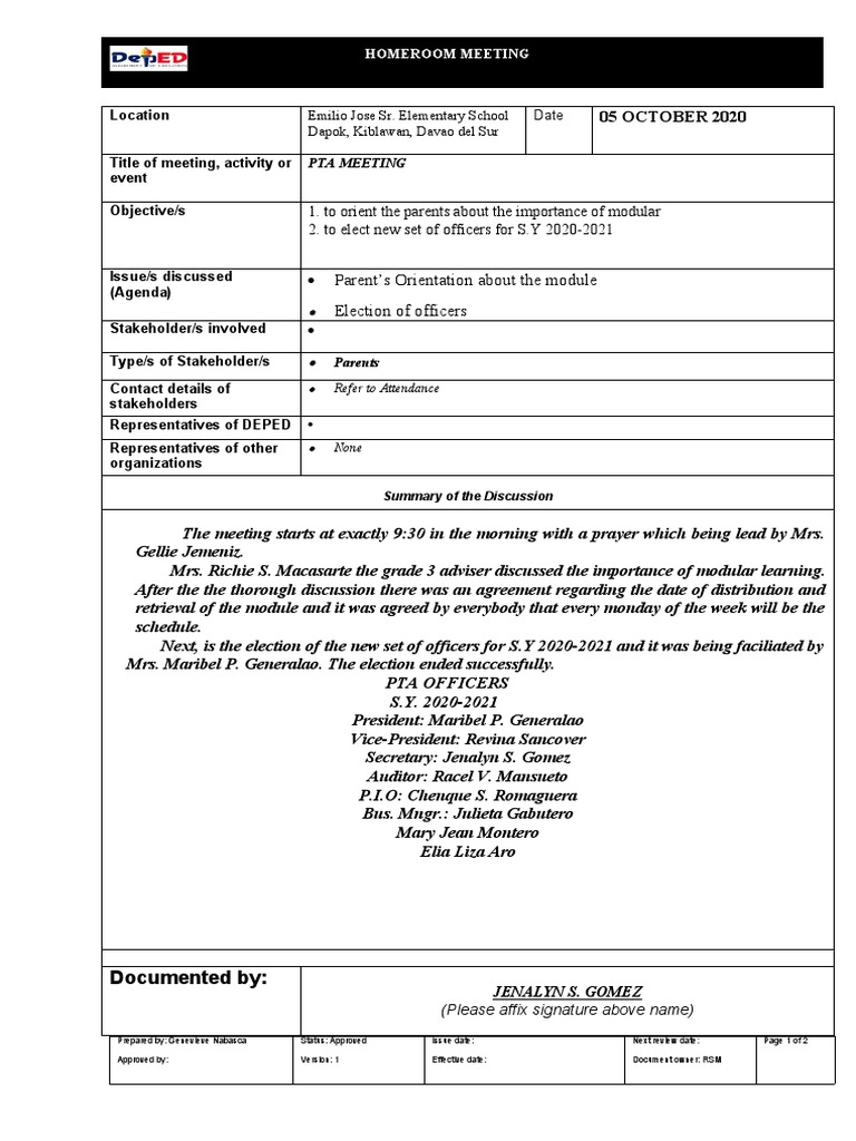 PTA Meeting Summary and Officer Election | PDF