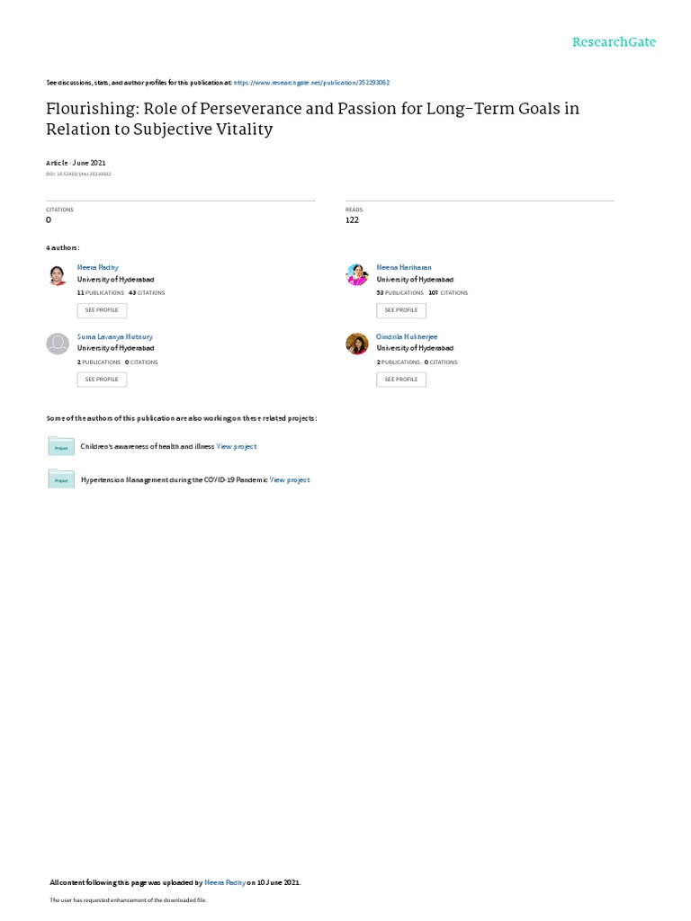 Flourishing: Role of Perseverance and Passion For Long-Term Goals in ...