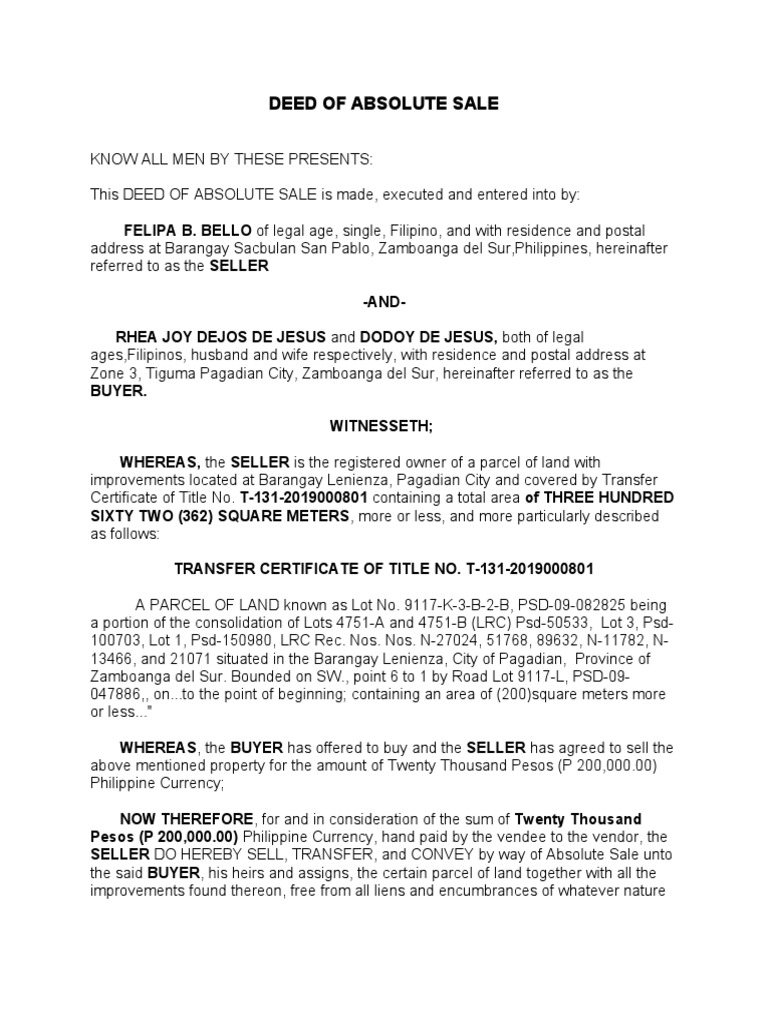 Final Deed of Sale | PDF | Civil Law (Legal System) | Private Law