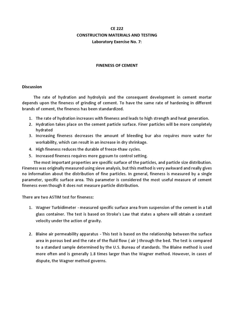 CE 222 Lab Exercise 7 | PDF | Cement | Particle Size Distribution