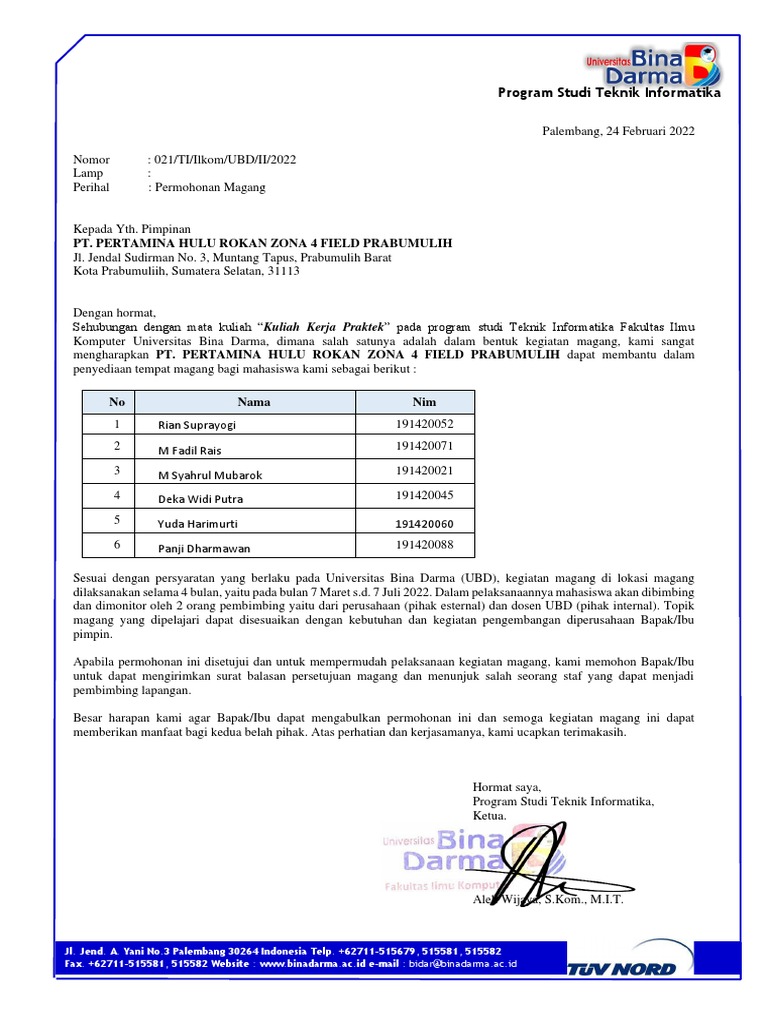 Surat Magang Pertamina Prabumulih | PDF