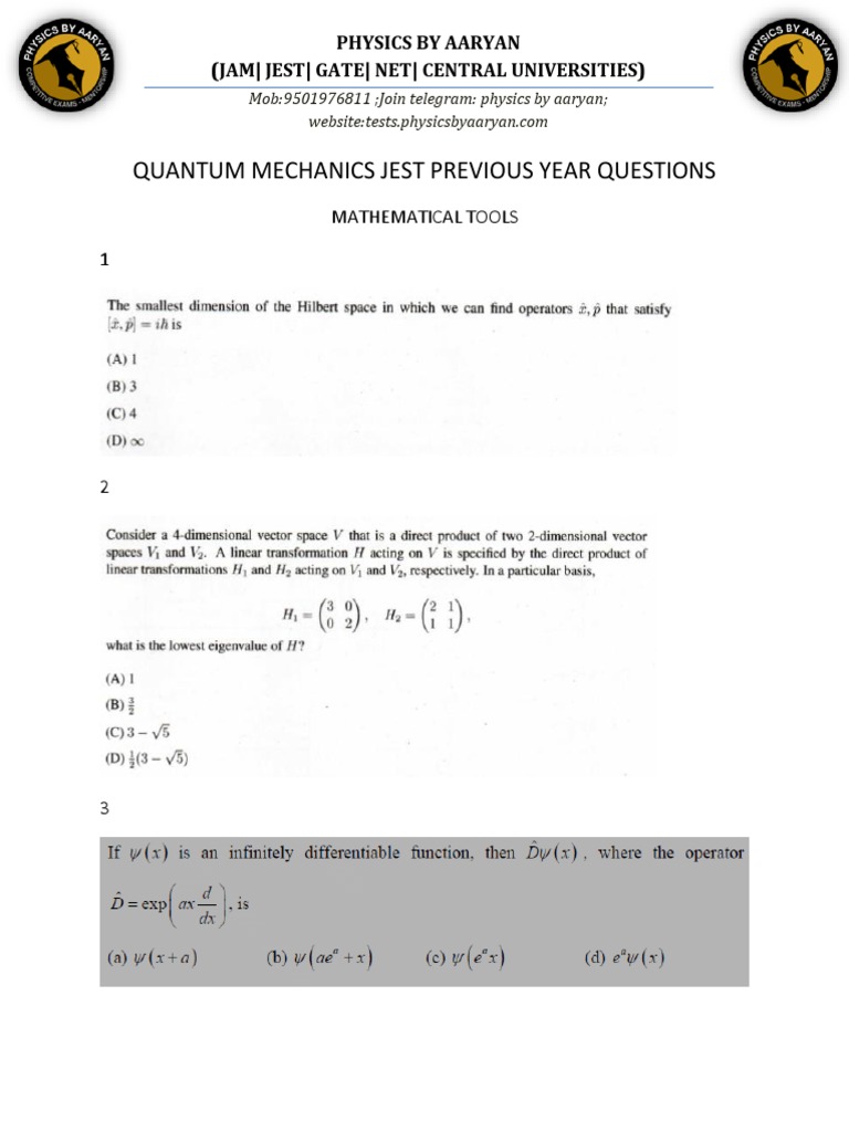 Quantum Mechanics Jest Previous Year Questions: Mathematical Tools 1 | PDF | Physics | Mechanics