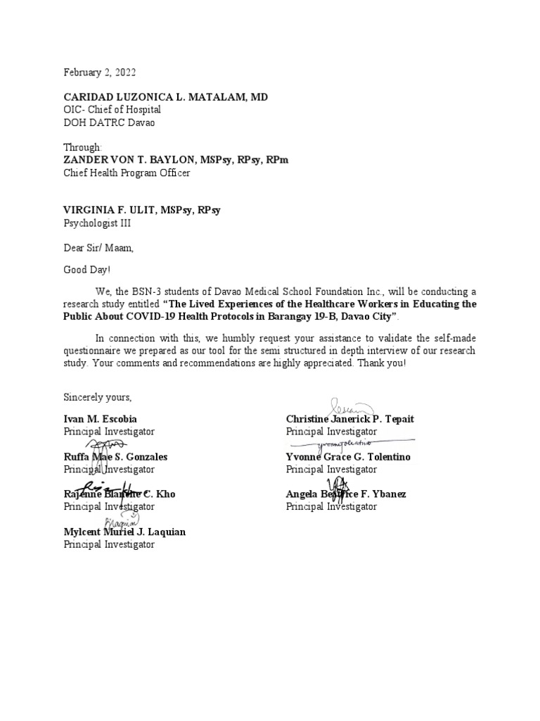 Transmittal Letter To The Validators | PDF