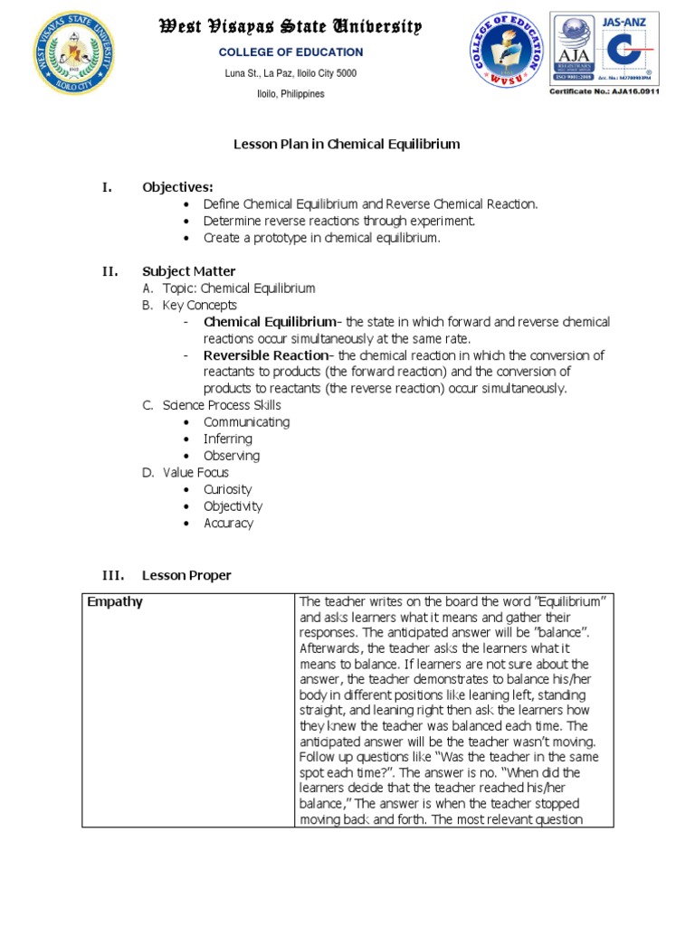 Abogado - Lesson Plan in Chemical Equilibrium | PDF | Chemistry ...