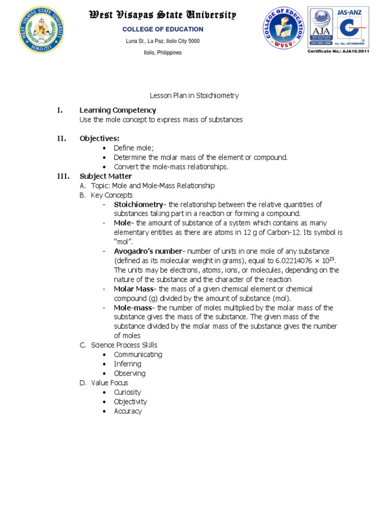 Lesson Plan in Stoichiometry | PDF | Mole (Unit) | Chemical Substances