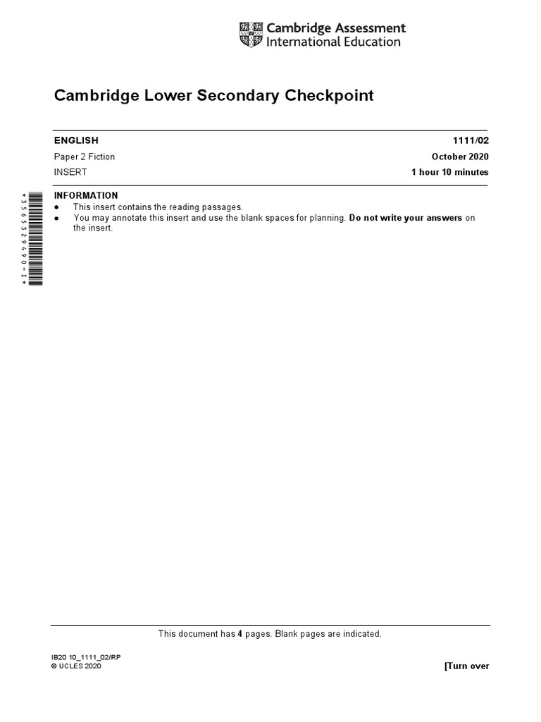 Cambridge Lower Secondary Checkpoint: English 1111/02 | PDF