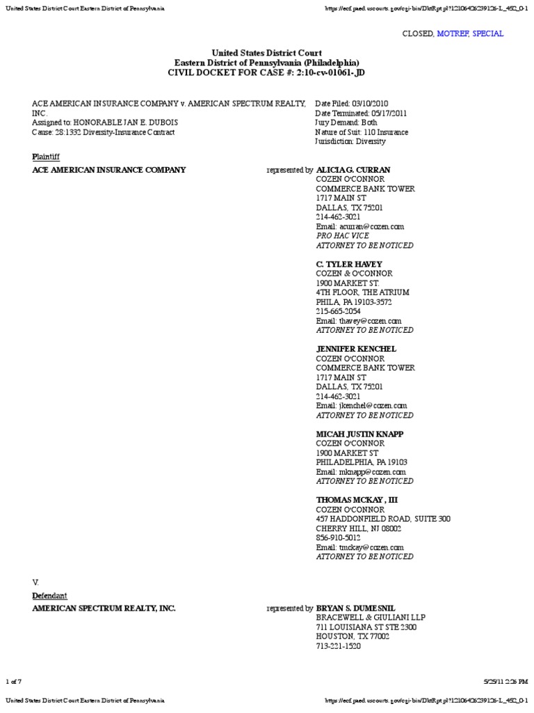 ACE AMERICAN INSURANCE COMPANY v. AMERICAN SPECTRUM REALTY, INC. Docket ...