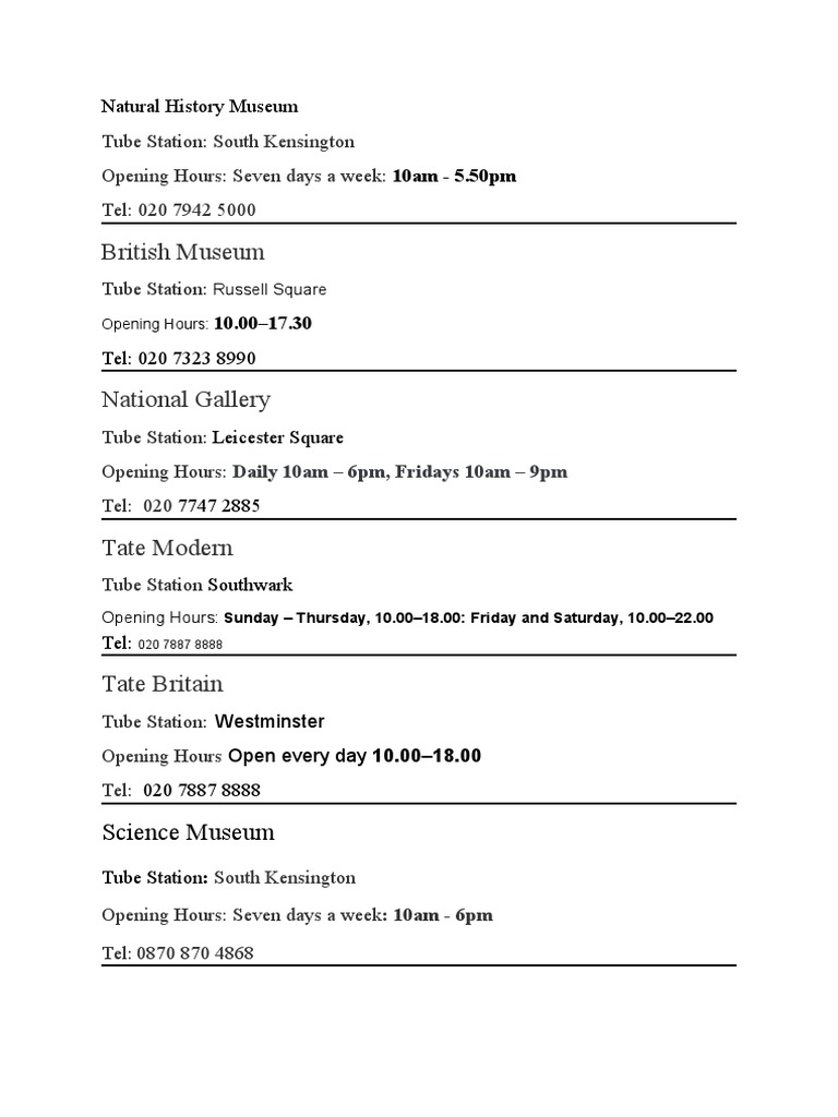 London Museums: Hours & Contact Info | PDF