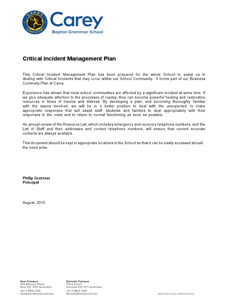 Critical Incident Management Plan: Philip Grutzner Principal | PDF ...