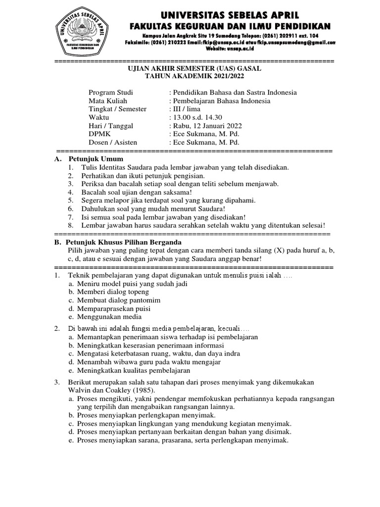 Soal UAS Pembelajaran Bhs Indonesia FKIP 2022 | PDF