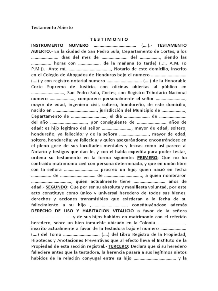 Formato Testamento Abierto | PDF | Voluntad y testamento | Herencia