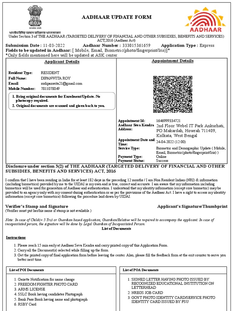 Aadhaar Update Form: Only Fields Mentioned Here Will Be Updated at ASK ...