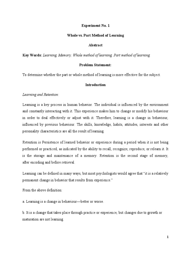 Experiment No. 1 Whole vs. Part Method of Learning Key Words: Learning ...
