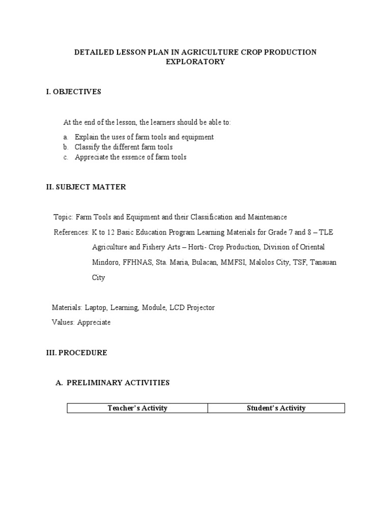 DETAILED LESSON PLAN IN AGRICULTURE CROP PRODUCTION EXPLORATORY Agan ...