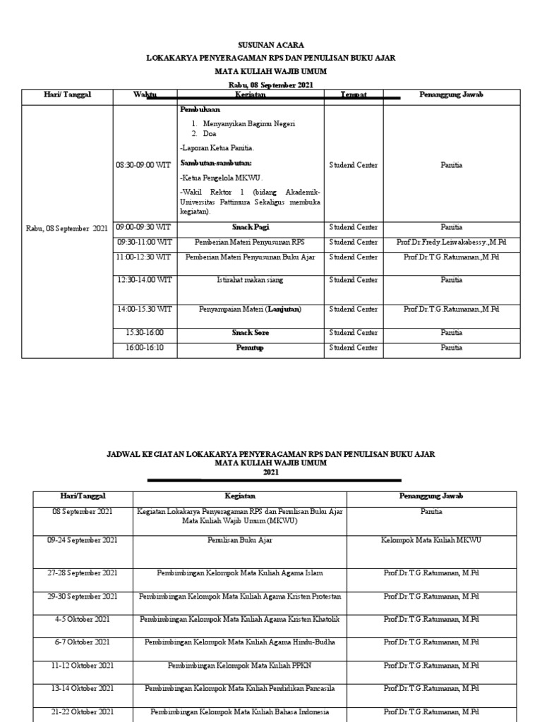 Susunan Acara Dan Jadwal Kegiatan Lokakarya Penulisan Buku Ajar MKWU 2021 Baru 1 SEPTEMBER 2021 ...