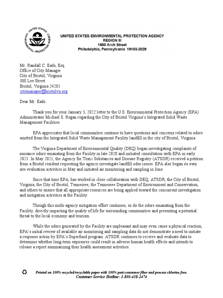 EPA Letter To Bristol, VA | PDF | American Government | United States ...