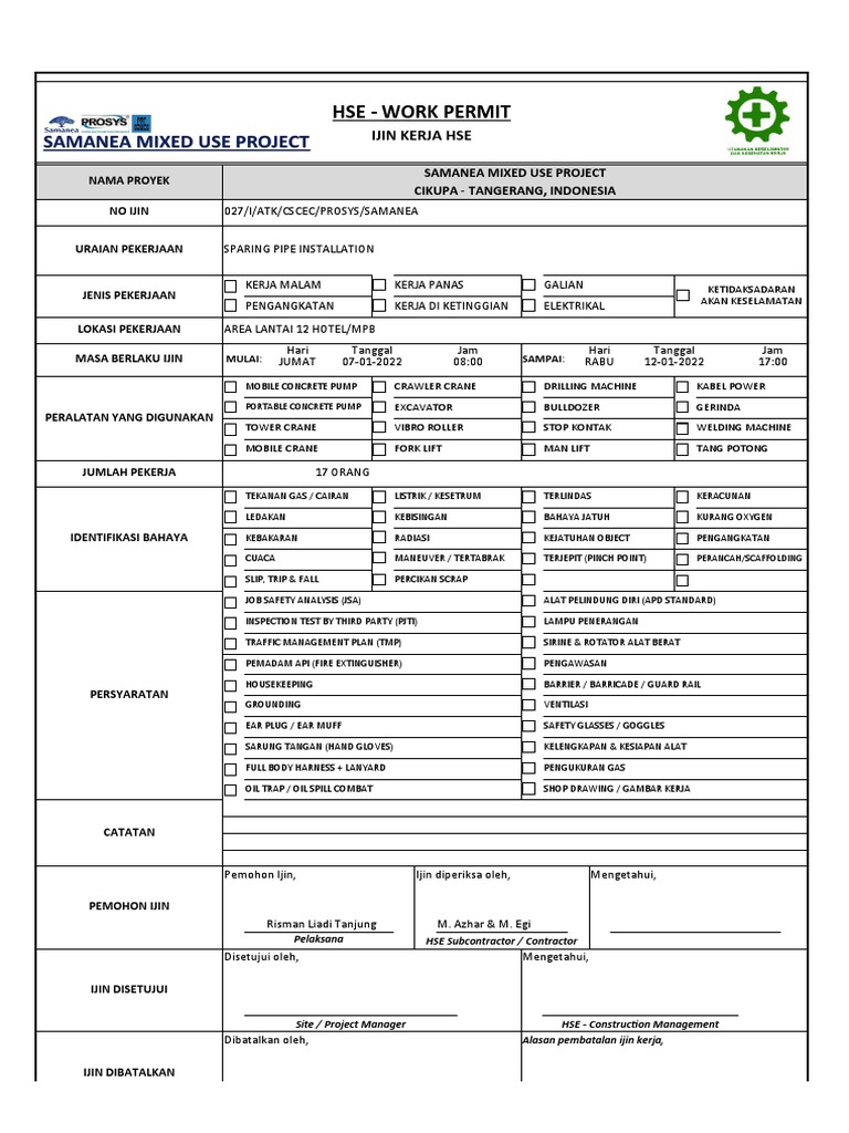Ijin Kerja HSE Sparing Pipa | PDF