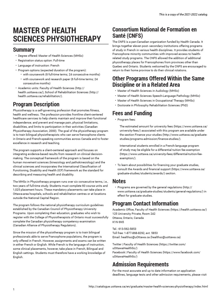 Master of Health Sciences Physiotherapy: Consortium National de ...