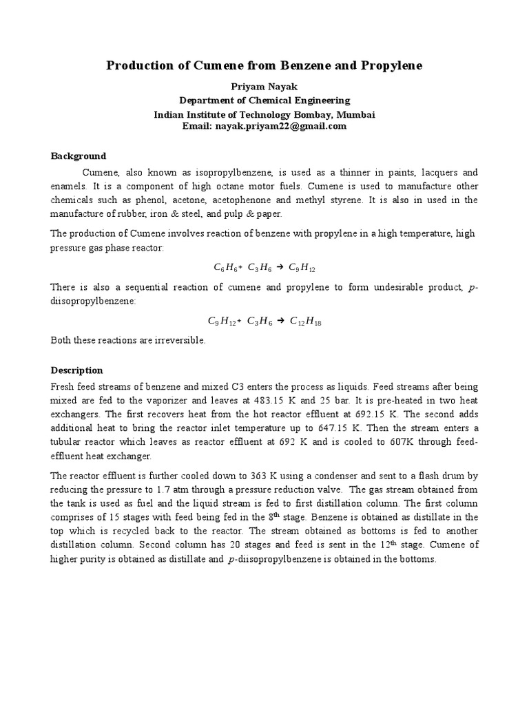 Cumene Production from Benzene and Propylene | PDF | Chemical Reactor ...