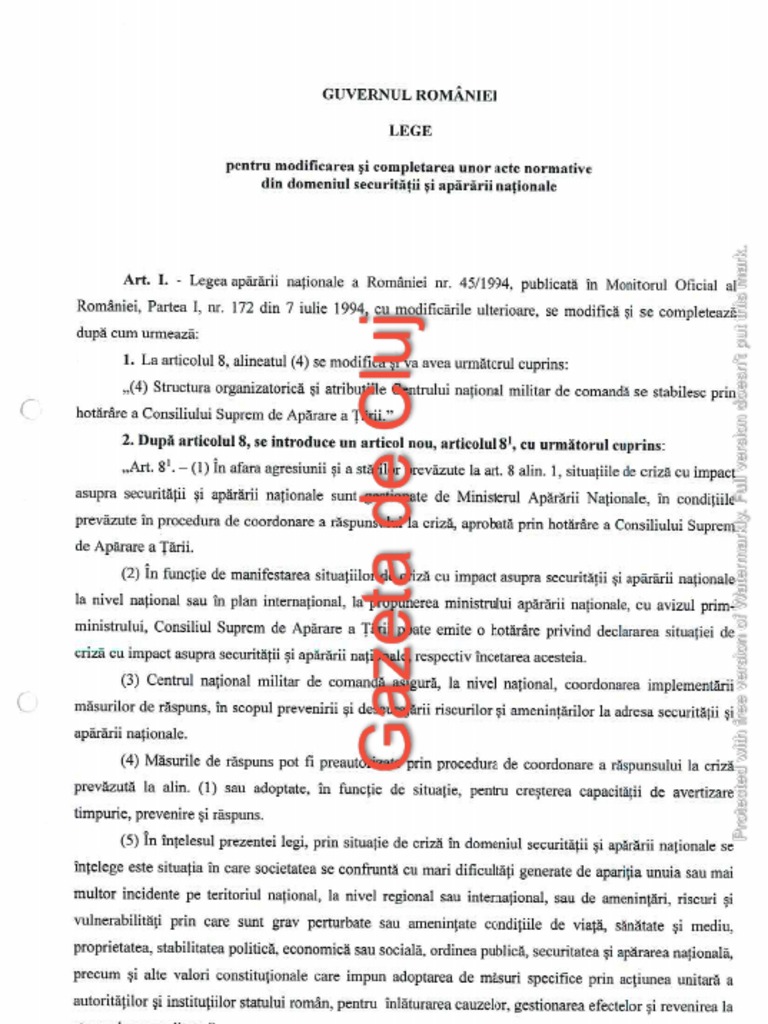 Watermark Proiect de Lege Aparare 04 03 Forma Avizata | PDF