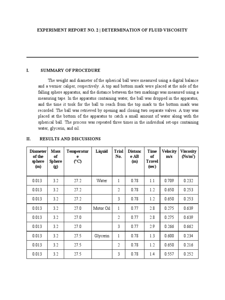 Fluid Viscosity Experiment Analysis | PDF | Viscosity | Liquids