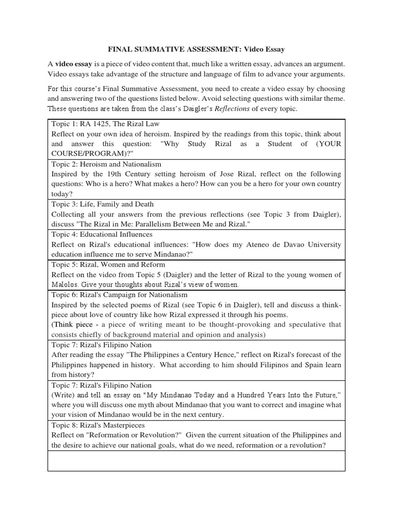 Final Summative Assessment: Video Essay: (Think Piece | PDF | Essays | Philippines