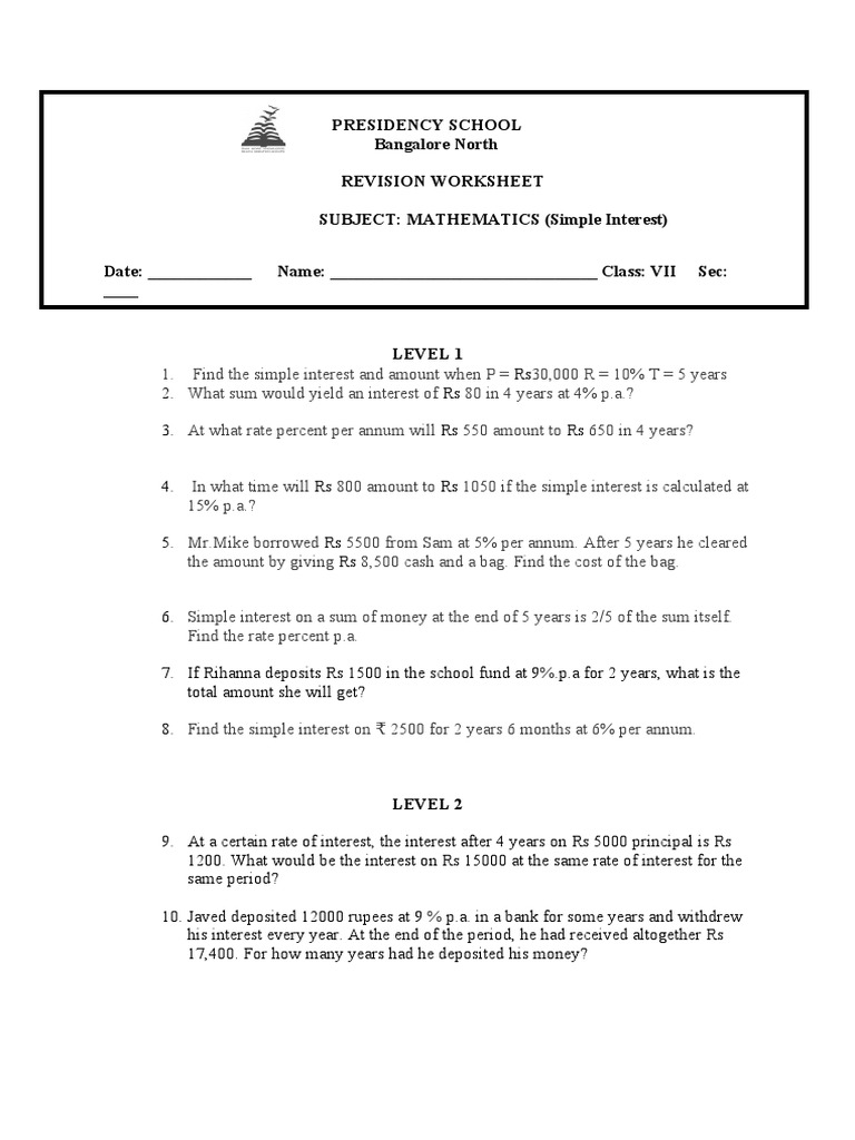 Presidency School Bangalore North Revision Worksheet SUBJECT ...