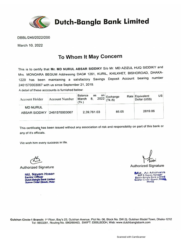 Bank Certificate | PDF