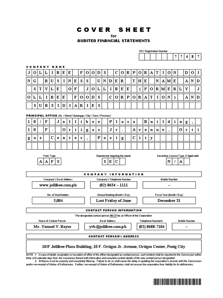 Jollibee Foods Corporation Audit Report | PDF | Going Concern | Audit
