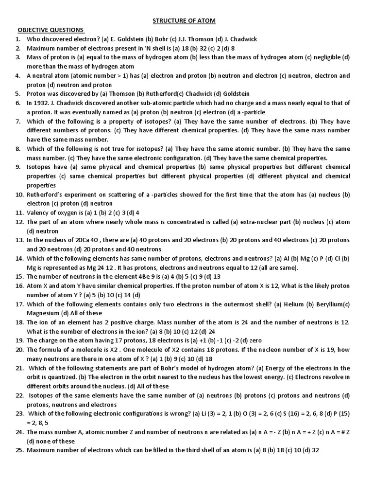 Structure of Atom Objective Questions | PDF | Atoms | Atomic Nucleus