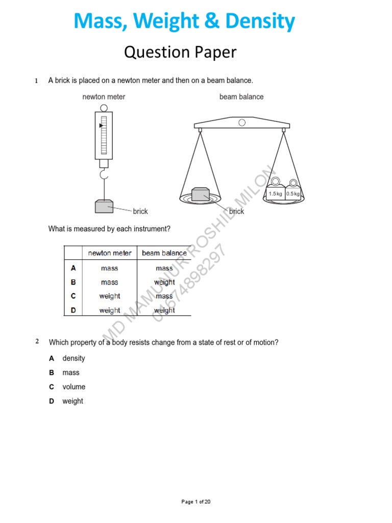 Physics Exam: Mass, Weight & Density | PDF
