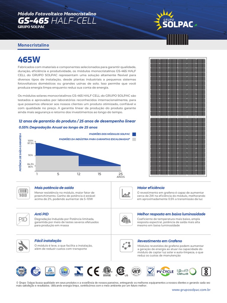 Datasheet Módulo 465w Solpac | PDF | Célula solar | Rede elétrica