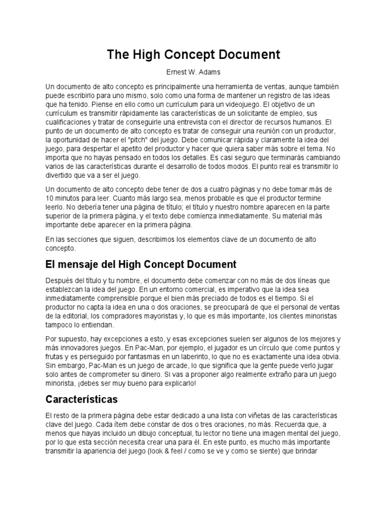 The High Concept Document ESP | PDF