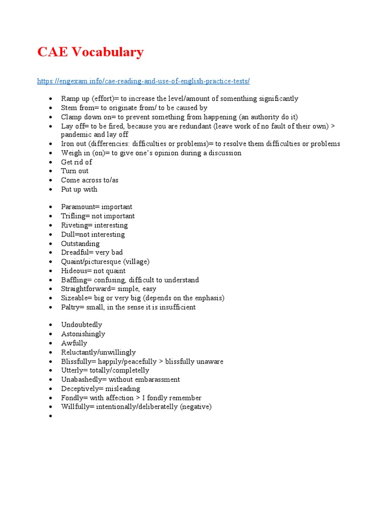 CAE Vocabulary Word List | PDF