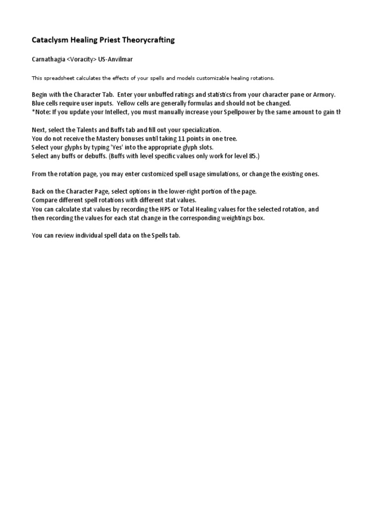 Cataclysm Healing Priest Theory Crafting Spreadsheet v1.1 | PDF ...