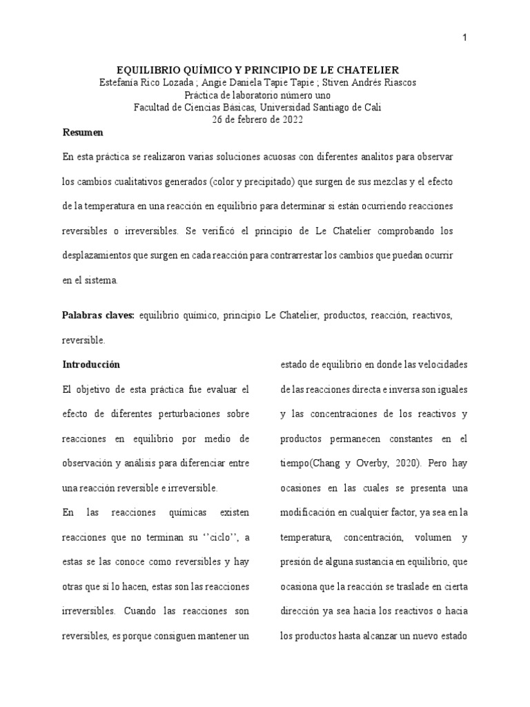 EQUILIBRIO QUÍMICO Y PRINCIPIO DE Le CHATELIER | PDF | Equilibrio químico | Reacciones químicas