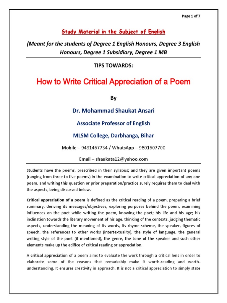 How To Write Critical Appreciation of A Poem by Dr. Mohammad Shaukat ...