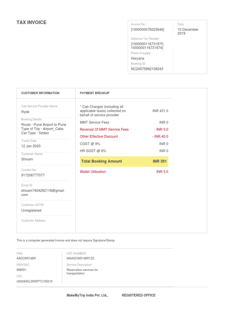 Tax Invoice for Cab Services Provided by Ryde to Customer Shivam from ...