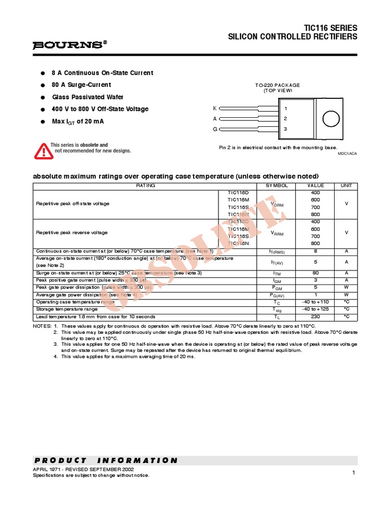 Tic116 Series Silicon Controlled Rectifiers | Download Free PDF | Rectifier | Electrical Engineering