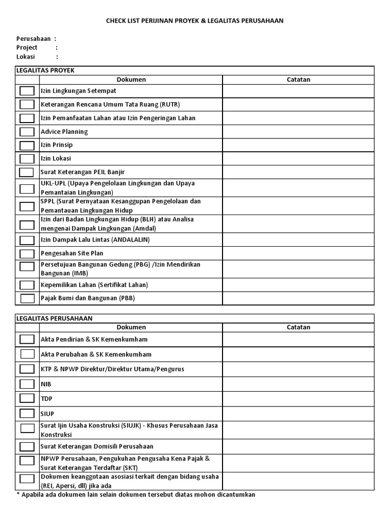 Checklist Izin Proyek & Legalitas | PDF | Hukum | Griya & Taman