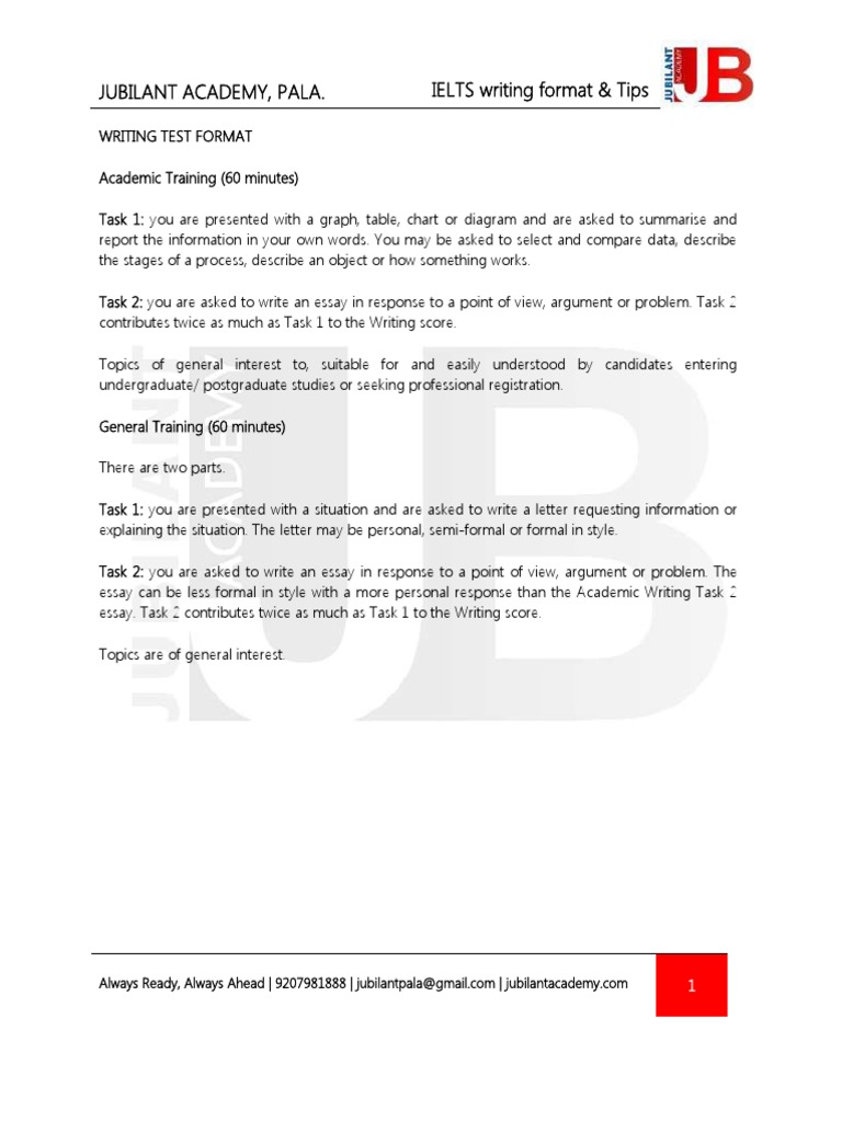 Jubilant Academy, Pala. IELTS Writing Format & Tips | PDF | Essays ...