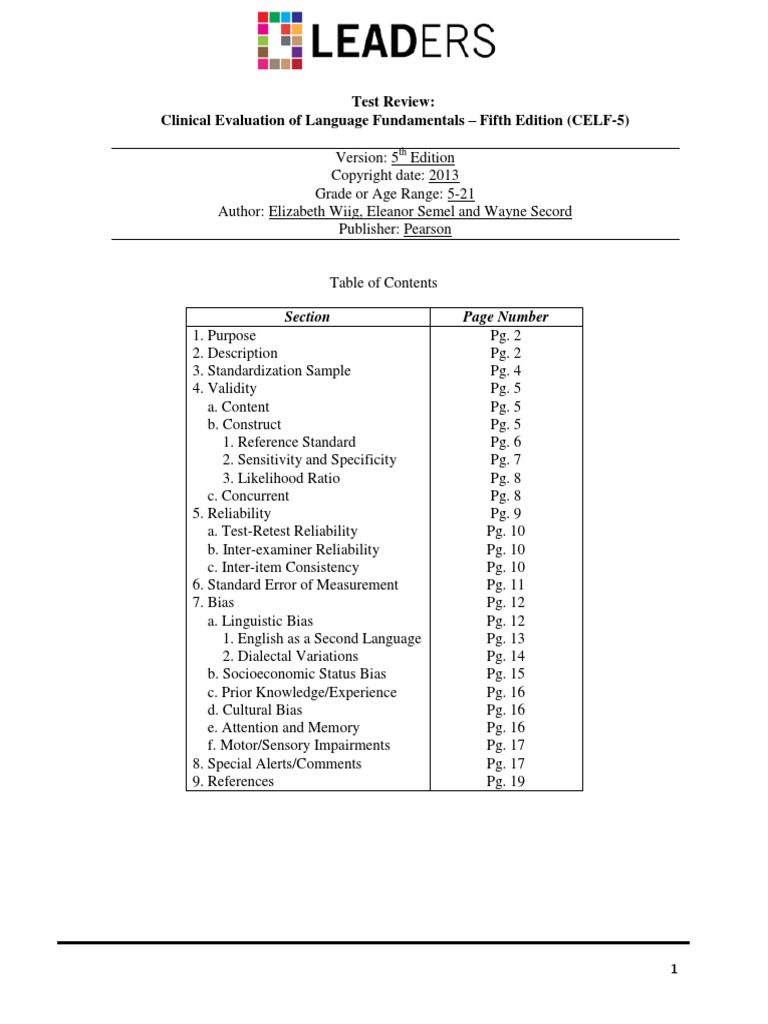 Test Review: Clinical Evaluation of Language Fundamentals - Fifth ...